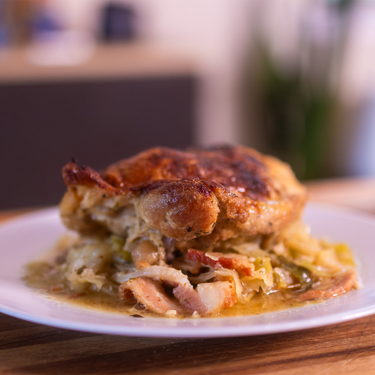 Woodfire Crispy Skinned Chicken with Braised Cabbage & Bacon - Dad Got This
